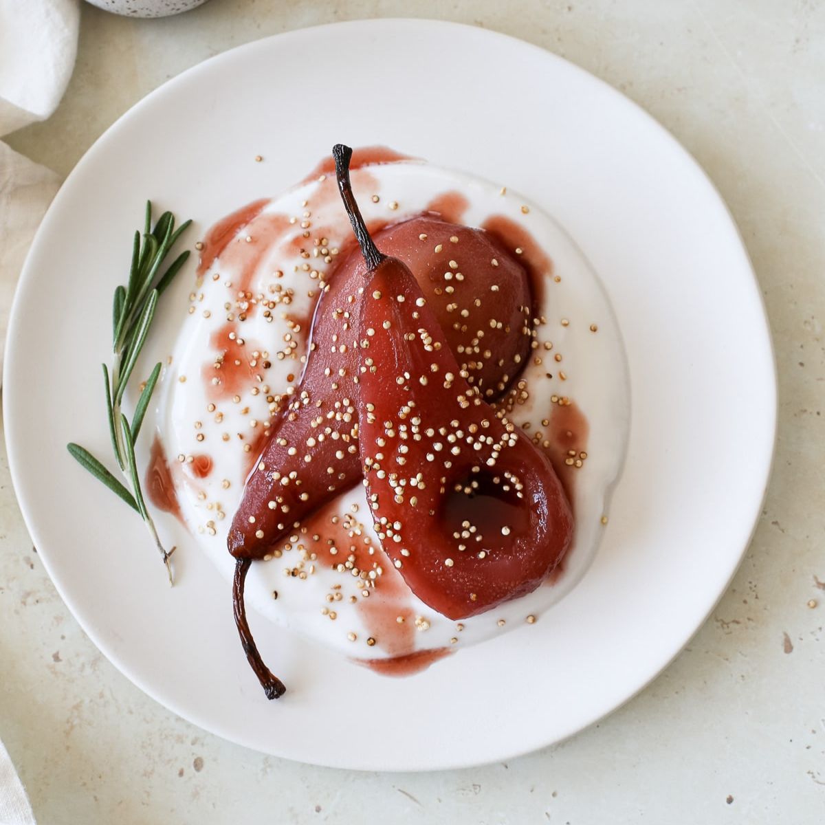 Simple Poached Pears With Hibiscus & Rosemary - A Nourishing Plate