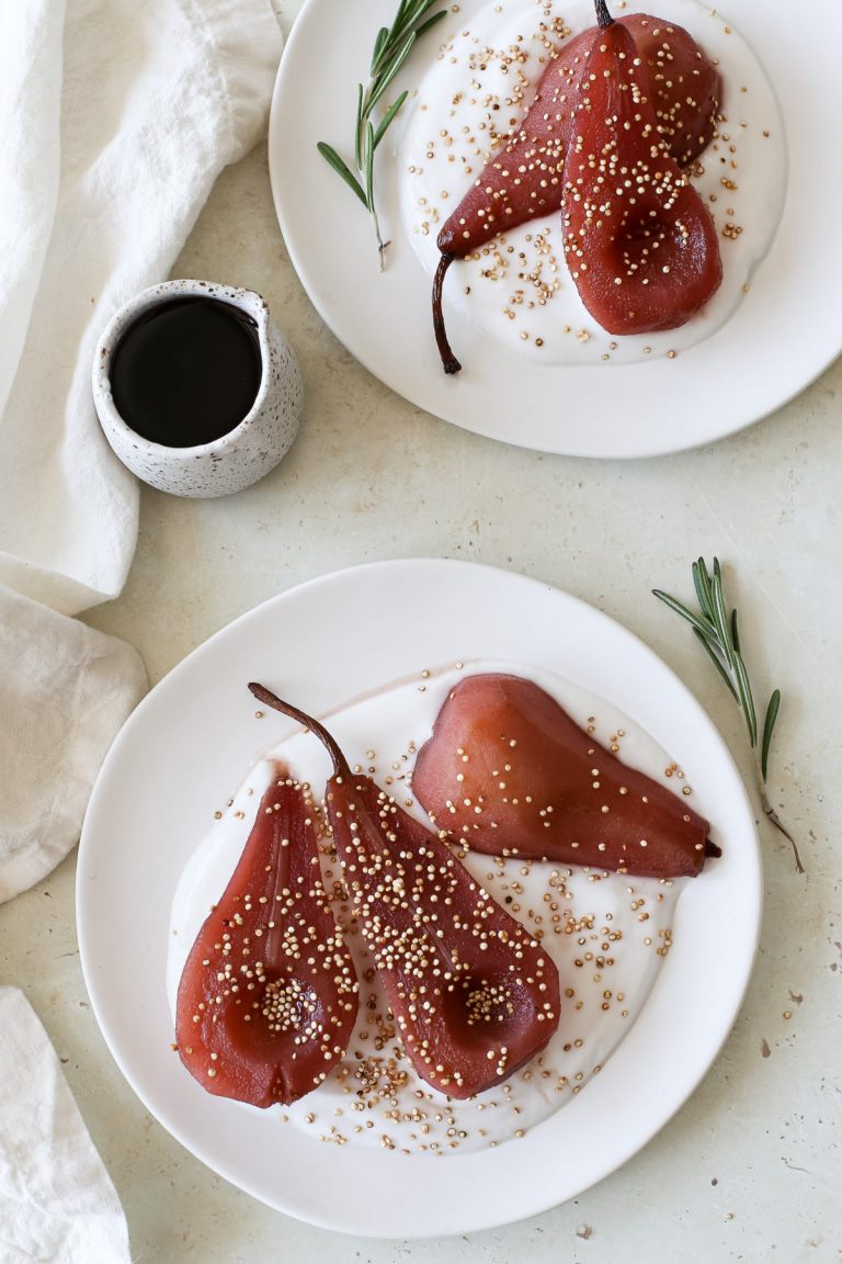Simple Poached Pears With Hibiscus & Rosemary - A Nourishing Plate
