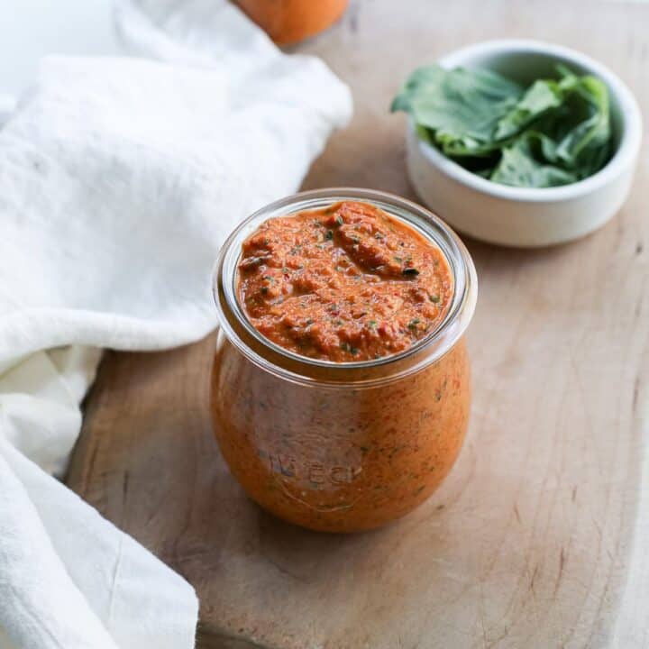 Roasted Red Pepper Pesto (Dairy Free, Vegan) - A Nourishing Plate